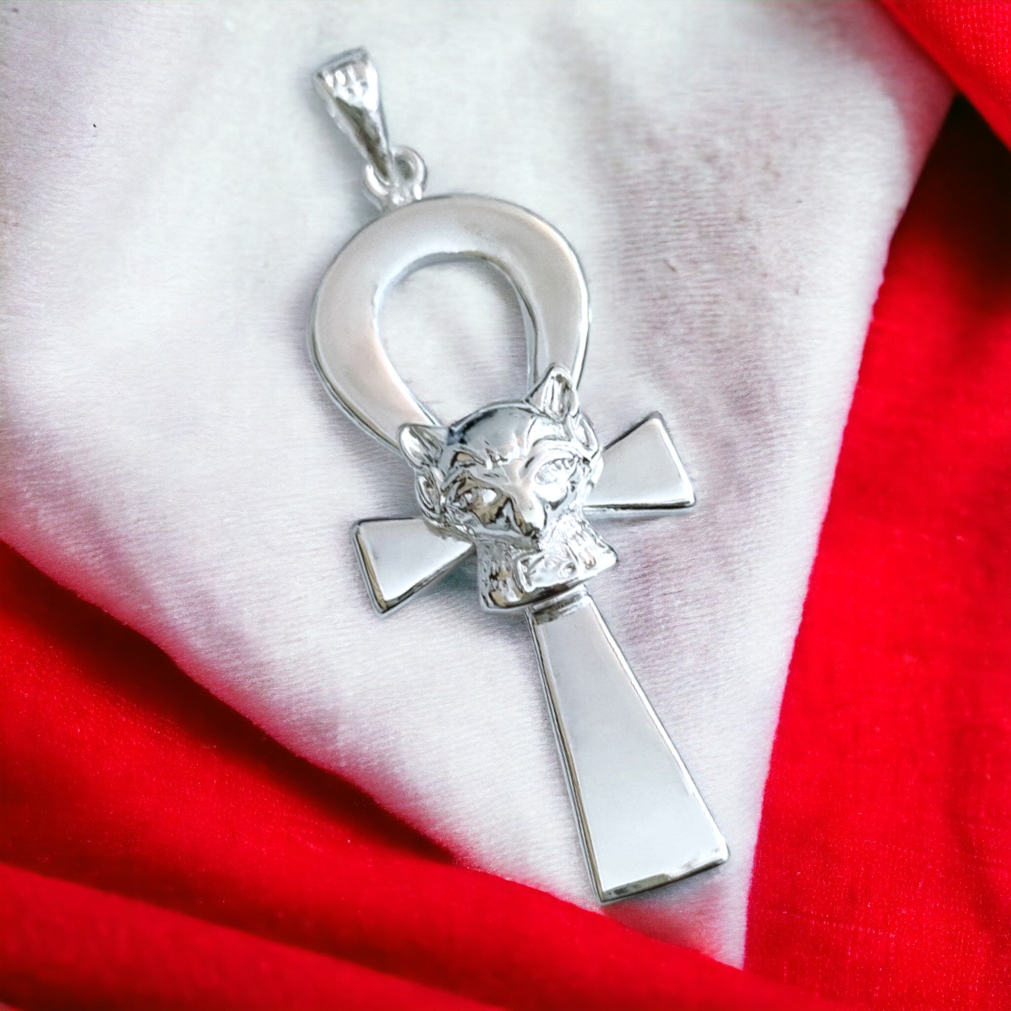 Silver Goddess Bastet Ankh Complex Amulet Large Pendant Necklace