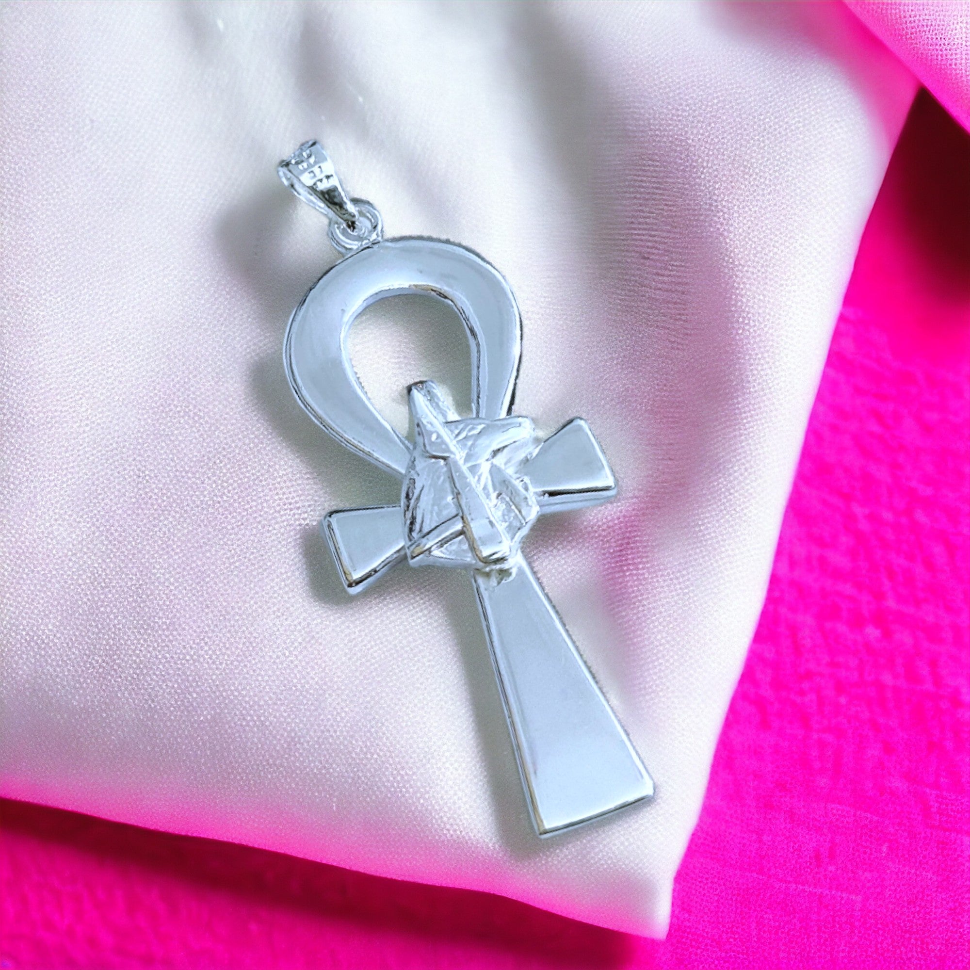 Silver God Anubis Ankh Amulet Complex Large Pendant Necklace